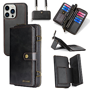 Misscase Compatible with iPhone 13 Pro Max Wallet Case 2021,Multi-Function Wallet Case,2 in 1 Detachable Magnetic Wallet Case with Card Holder,PU Leather Flip Cover with Lanyard,13 Card Slots,Black