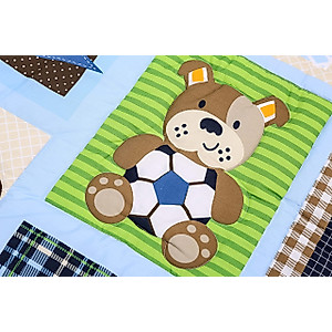3 PCs Blue Sports Theme Nursery Crib Bedding Set Baby Boy Embroidery Puppy Sport Themed Baby Boy Cot Bedding Set 1 Quilt 1 Fitted Sheet 1 Diaper Storage Bag
