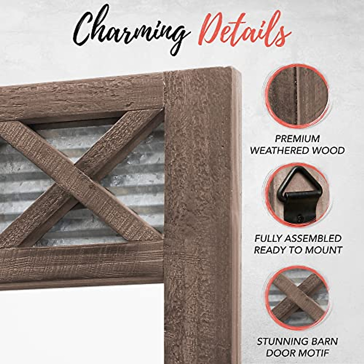 Autumn Alley Farmhouse Bathroom Mirror - Rustic Mirror - Vanity, Bathroom and Bedroom Mirror Wall- Country Farmhouse Decor, Mirror Barn Door Wood, Galvanized Metal, Small Size: 20" x 28", Brown