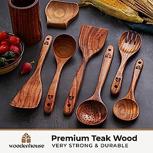 Wooden Spoons for Cooking, Wooden Cooking Utensils Set with Holder & Spoon Rest, Teak Wood Spoons and Wooden Spatula for Cooking, Nonstick Natural and Healthy Kitchen Cookware, Durable Set of 13pcs