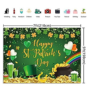 Happy St.Patrick's Day Backdrop 7x5FT Green Lucky Irish Shamrock Pot of Gold Coins Photography Background Holiday Party Supplies Newborn Kids Adults Portraits Photo Booth Props (84x60 inch)