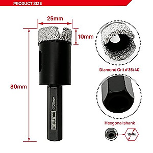 DT-DIATOOL Hex Shank Dry Diamond Drill Core Bits 2PCS 25mm Vacuum Brazed Hole Saw for Tile Porcelain Ceramic Marble Granite