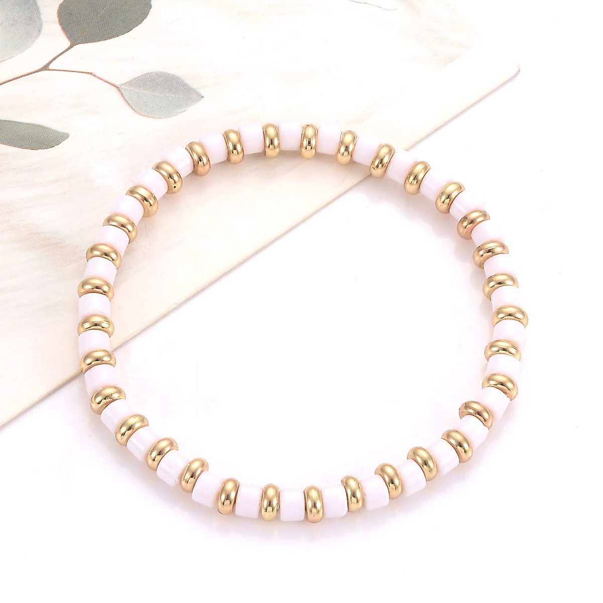 NVENF Gold Bead Bracelets Colorful Tile Bracelet Bangles for Women Stackable Brass Ball Beaded Stretch Bracelets Elasticated White Enamel Bracelets Anniversary Bridal Gift (White)