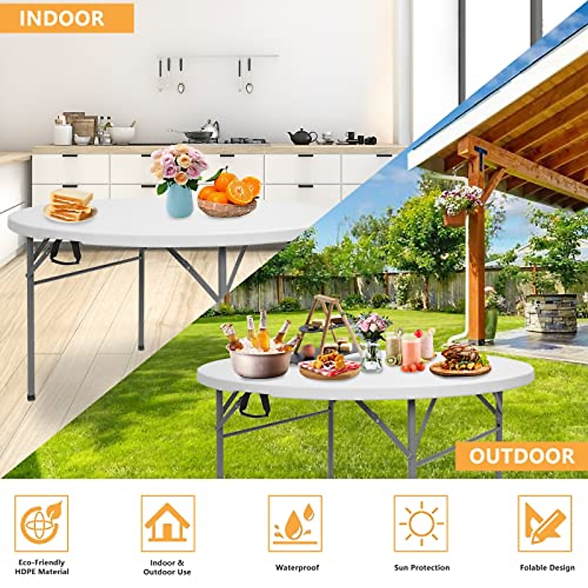 VINGLI 48" Round Bi-Folding Commercial Table, 4 Feet Portable Plastic Dining Card Table for Kitchen or Outdoor Party Wedding Event, 1-Pack