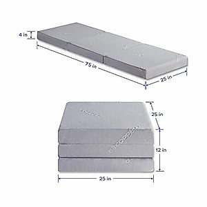 Olee Sleep Tri-Folding Antibacterial Memory Foam Mattress Topper, 4 Inch Copper Bamboo Gel Folding Mattress, Washable Cover, CertiPUR-US Certified, Soft, Grey, Single Size