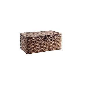 Storage Basket 1PC Seaweed Storage Basket Handwoven Storage Box with Lid Rectangle Storage Desktop Decor Weaving Process for Home Storage(S,Khaki)