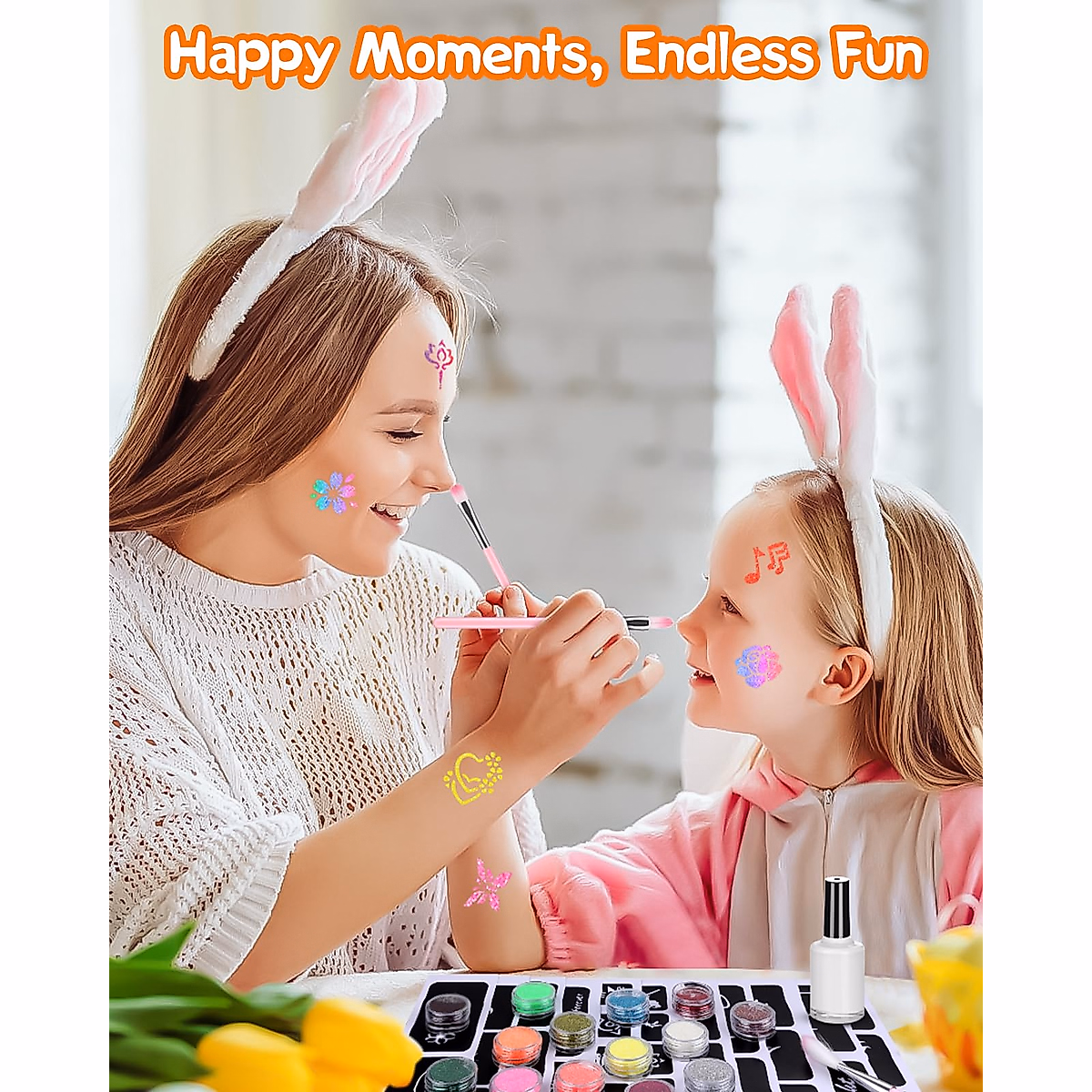 Lictin Glitter Tattoo Set - 24pcs Cosmetic Glitter Tattoo Set Tattoo Stencils Glitter Tattoos Temporary Tattoo Template Set with 117 Stencils, 2 Glue, 5 Brushes