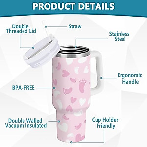 DIGTIA Stainless Steel Insulated Tumbler w/Handle & Straw, Pink Heart Double Wall Vacuum Travel Coffee Mug Cup w/Lid, Leak-Proof Sports Cute Water Bottle,40oz
