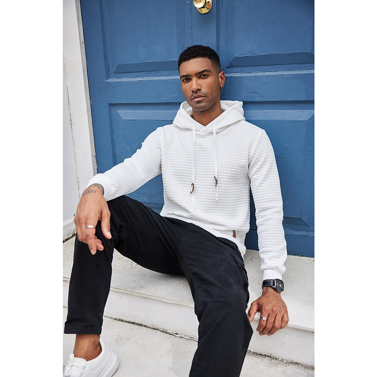 COOFANDY Men's Casual Hoodies Sweatshirt Hipster Gym Long Sleeve Drawstring Plaid Jacquard Pullover Hooded White