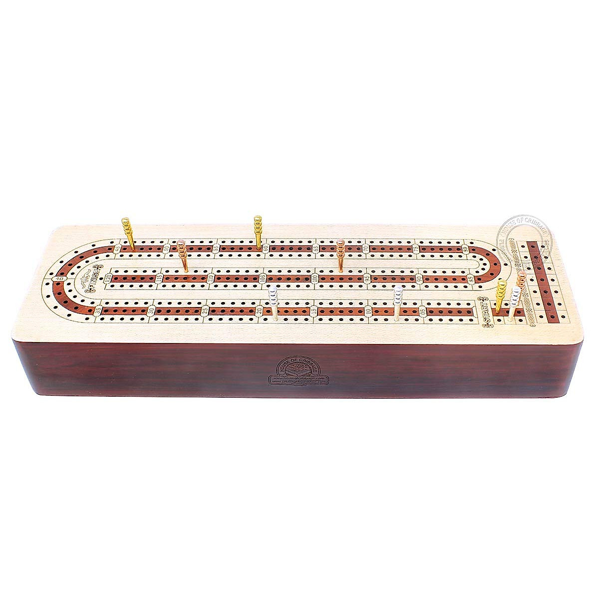 House of Cribbage Continuous Cribbage Board Alphabet e Shape Inlaid in Maple and Bloodwood with Storage Drawer for pegs and Cards - 3 Tracks
