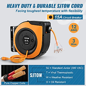VEVOR Retractable Extension Cord Reel, 65 FT, Heavy Duty 12AWG/3C SJTOW Power Cord, with Lighted Triple Tap Outlet, 15 Amp Circuit Breaker, 180° Swivel Bracket for Ceiling or Wall Mount