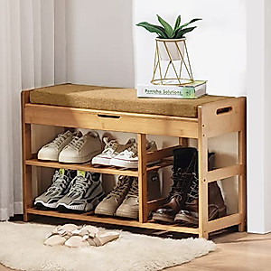 APICIZON Bamboo Shoe Storage Bench, Entryway Bench with Lift Top Storage Box, Shoe Organizer for Entryway with Cushion, 2-Tier Shoe Rack Organizer for Entryway, Bedroom, Hallway, Nature