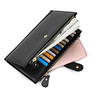 YALUXE Leather Wallets for Women Double Zipper Pockets Phone Holder 22 Card Slots Organizer Billfold with ID Window