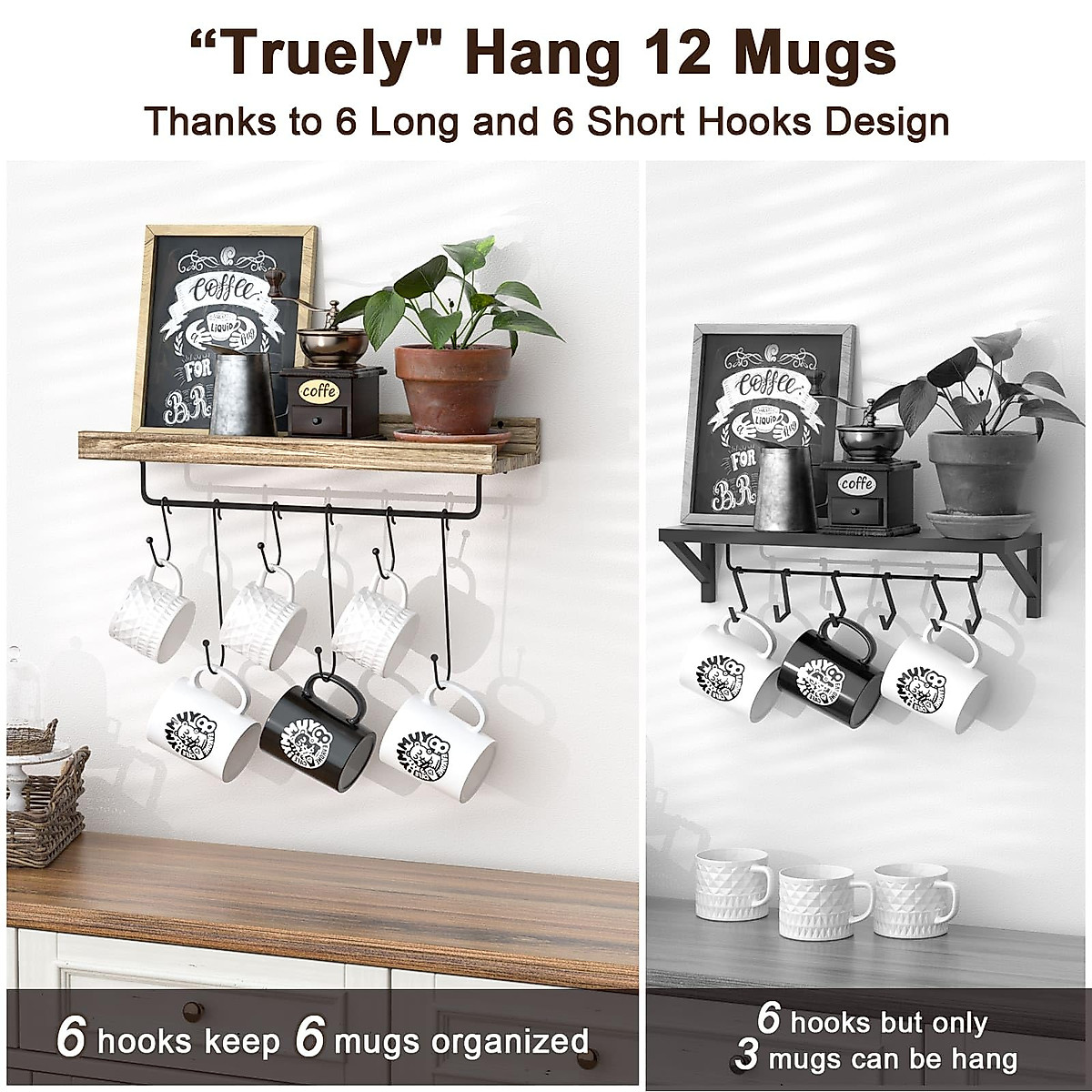 Coffee Cup Holder Coffee Bar Shelf with 12 Mug Hooks, Mug Organizer Floating Mug Racks for Wall, Coffee Cup Display Hanger Pods Holder, Farmhouse Coffee Bar Decor Kitchen Accessories