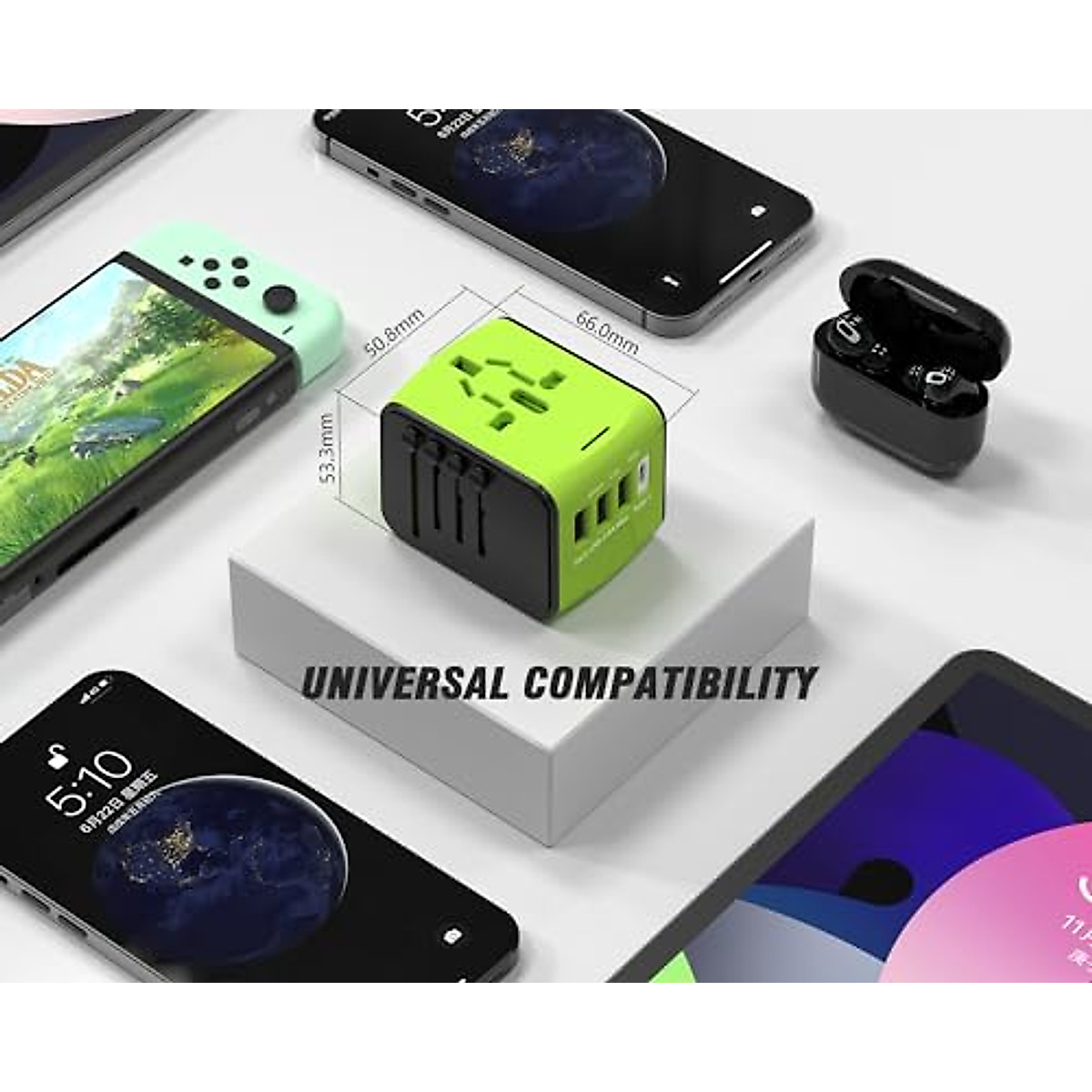 RXSQUL Universal International Power Travel Plug Adapter, 5 in 1 European Adapter W/ 2.4A 3xUSB-A 3.0A 1xUSB C Wall Charger and Worldwide AC Outlet for Europe USA UK AUS Asia-Green