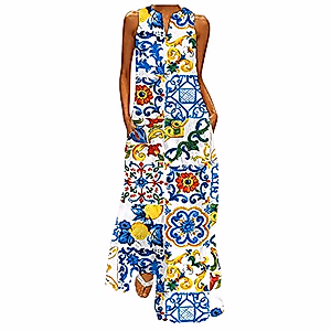 WYTong Women Dresses Sleeveless Print V-neck Maxi Dress Summer Party Cami Dress Long Dresses With Pockets(Blue,Small)