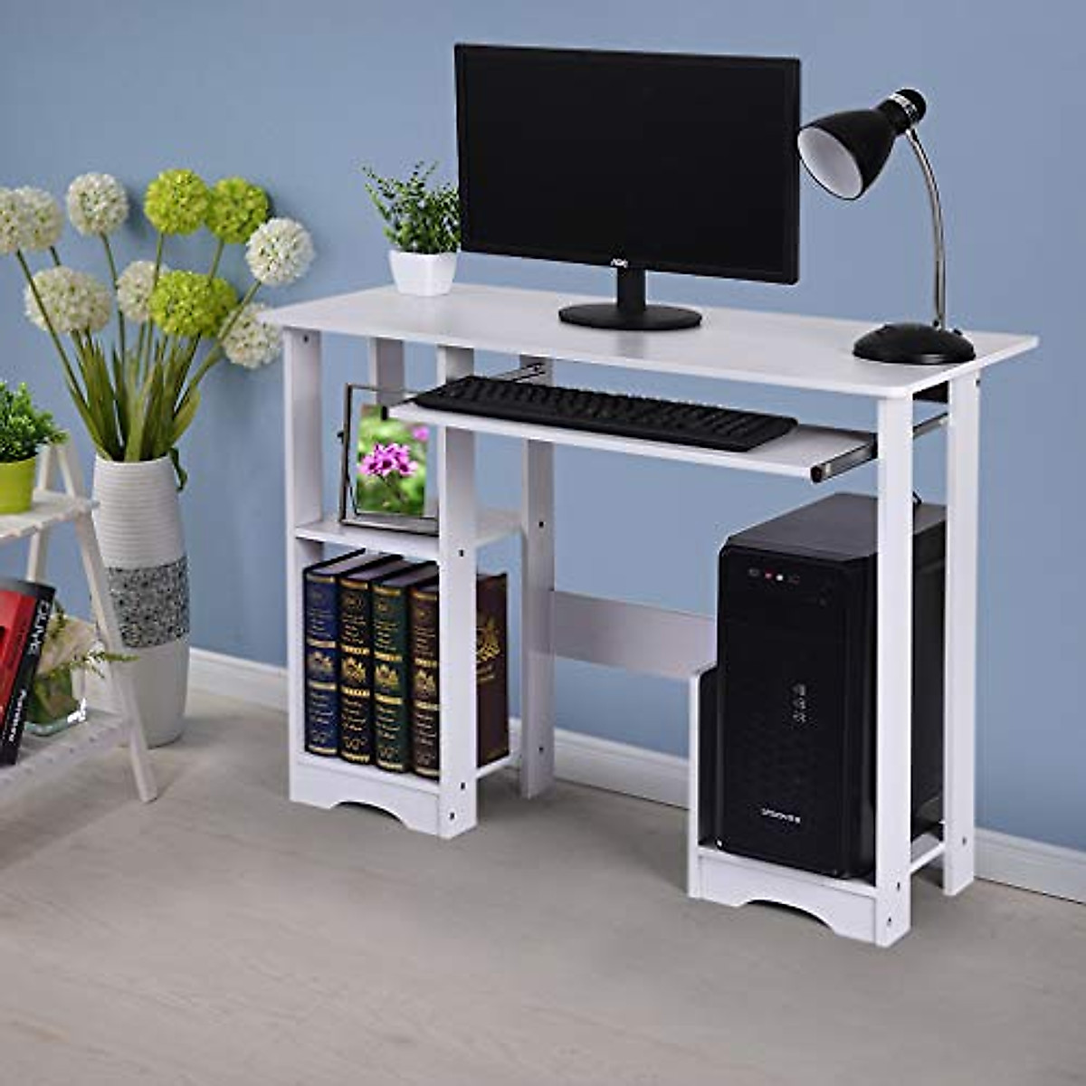 Computer Desk with Shelves Keyboard Tray Drawers Desktop Home Writing Desk Laptop Study Table Office Workstation Modern Minimalist Desk Simple Creative Desk Multi Layer for Home Office White