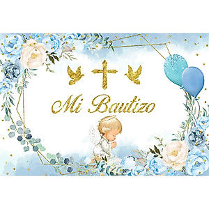 Lexfvpoo Mi Bautizo Baptism Backdrop 7x5ft First Holy Communion Christening Decorations Blue Flower Cute Angel God Bless Background for Boy Vinyl Mi Primera Comunion Banner Photo Shoot Props