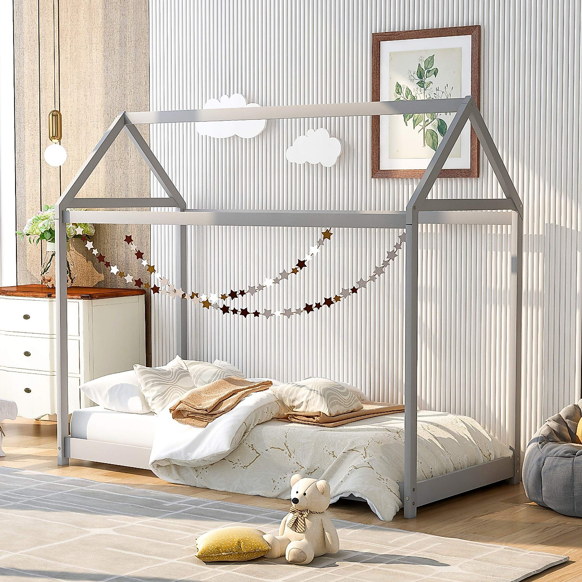 MERITLINE House Bed Twin Size Kids Bed Frame with Roof, No Box Spring Needed (Grey, Twin)