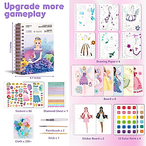 MIROLA KIDS 4 in 1 Fashion Design Book for Girls, Fairy Theme Puzzle Puncture Painting with Poking, Diamond, Watercolor Painting, Stickers, Dress-up Activity Book, Craft Kit for Age 4-12