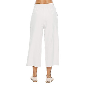 LNX Womens Linen Pants High Waisted Wide Leg Drawstring Casual Loose Trousers with Pockets (Medium, White)
