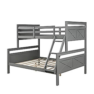 Ochangqi Twin Over Full Bunk Bed Frame with Ladder, Solid Wood Bunk Beds Loft Bed Frame Twin Over Full Size with Guardrail, Can Be Separated Into Twin/Full Size Bed, No Box Spring Needed (Gray)
