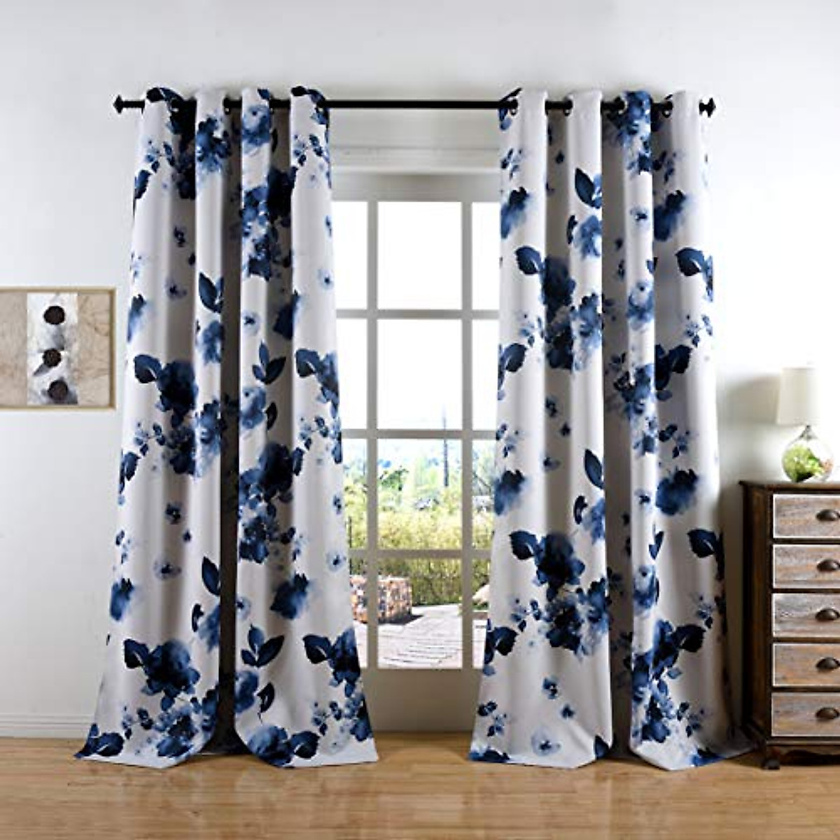 Taisier Home 84 Inch Grommet Room Darkening Window Curtain Drapes, Chinese Traditional Ink Painting Stylized Leaves and Flower,Artwork,Deep Blue Print Curtains for Living Room Bedroom and Nursery