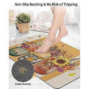 Bath Mat for Bathroom Non Slip Thanksgiving Fall Sunflowers Pumpkin Autumn Plants Diatomaceous Earth Bath Mats Highly Absorbent Door Mat Diatom Mud Washable Bathroom Mat for Tub Shower 18x30 Inch