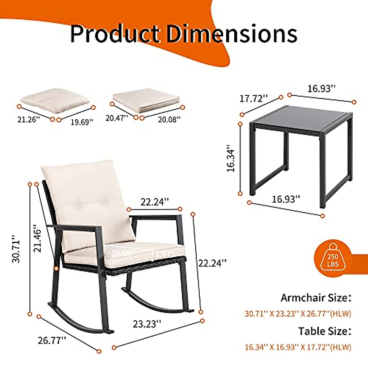 Shintenchi 3 Pieces Rocking Bistro Set Wicker Patio Outdoor Furniture Porch Chairs of 2 Outdoor Furniture Rattan Chair Conversation Sets with Glass Coffee Table (Beige)