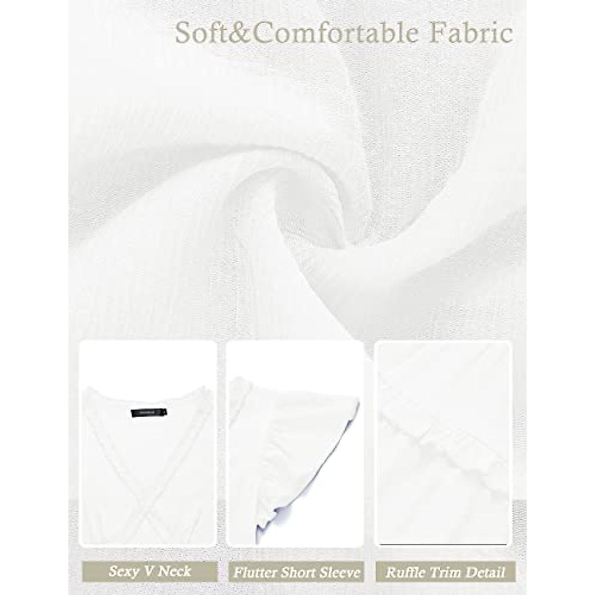 MEROKEETY Womens Summer Casual V Neck Ruffle Sleeve High Waist Smocked Flowy Midi Dress, White, M