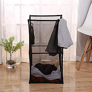 Mesh Popup Laundry Hamper with Handles, Portable & Durable Collapsible Dirty Clothes Mesh Basket Foldable for Washing Storage, Kids Room,College Dorm or Travel (Double -Layer, Black)