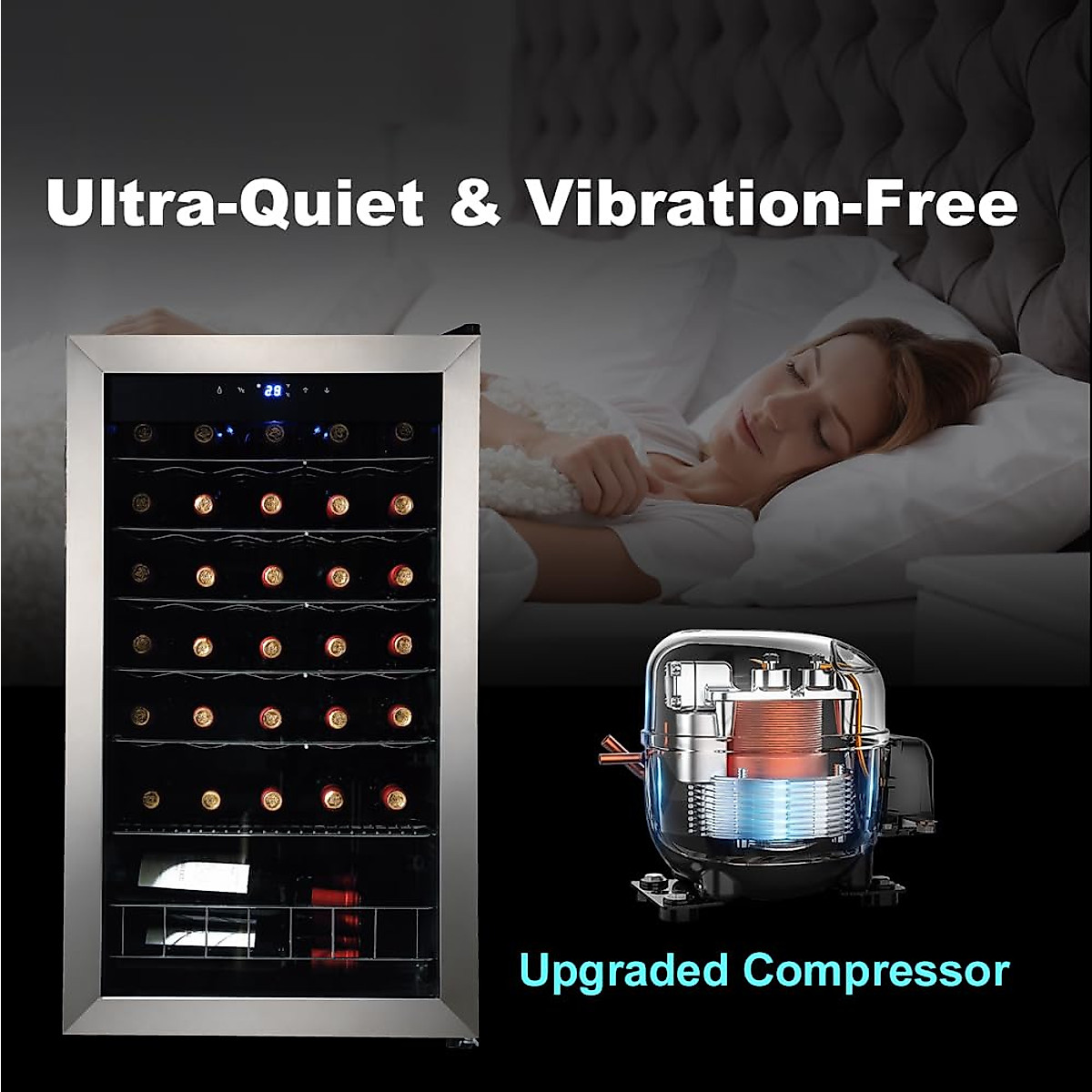 SMETA Wine Fridge 34 Bottle, 19 Inch Wine Cooler Refrigerator Freestanding/Under Counter, Wine Caller for Home and Bar with Upgrade Compressor Low Noise 41°F to 64°F, Black and Stainless Steel