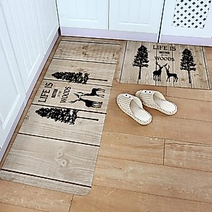 Kitchen Rugs Sets 2 Pces, Christmas Life is Better in The Woods Elk Deer Trees Silhouettes Rustic Old Wooden Floor Mats Non Skid Door Rugs Runner Rug for Kitchen, Bathroom, Living Room, Laundries