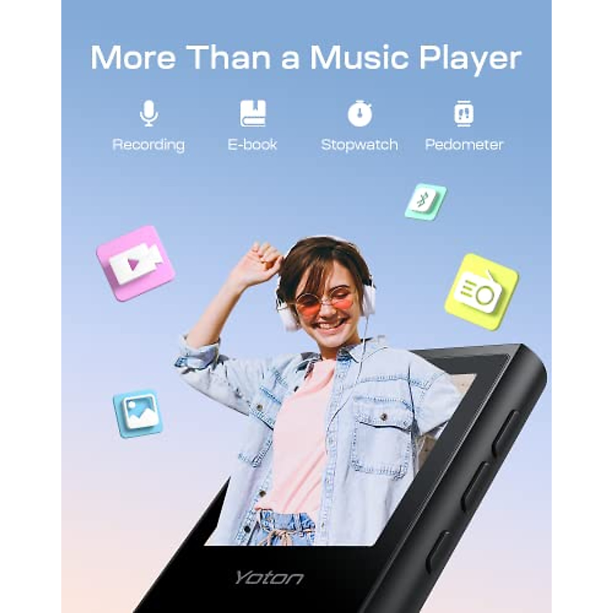 80GB MP3 Player with Bluetooth, YOTON Music Player with Speaker and 1.8'' Curved Screen, HiFi Sound, FM Radio, Voice Recorder, E-Book, Pedometer, Stopwatch, TF Card and Earphones Included
