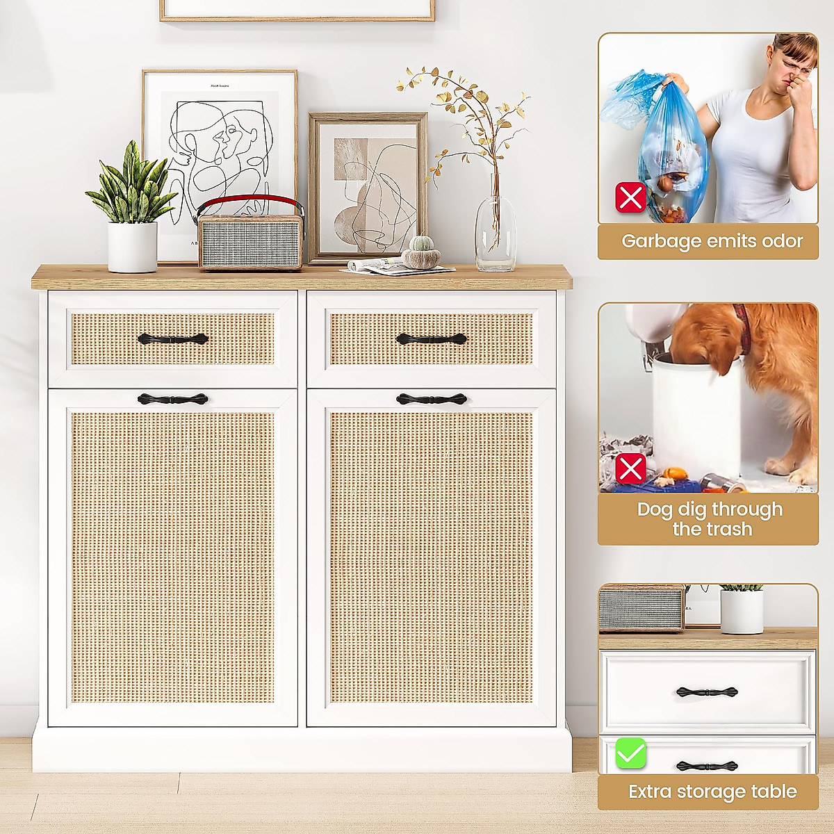 GAOMON Trash Storage Cabinet for 20 Gallons, Double Tilt Out Trash Cabinet Freestanding for Kitchen Dining Living Room, Hidden Garbage Bin Cabinet Dual Doors - Rattan