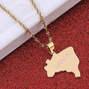 Stainless Steel Brazil Map Pendant Necklace Brasil Map Brazilian Jewelry Gifts (Gold Color)