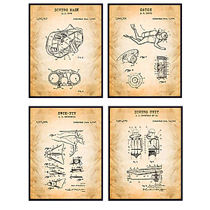 Scuba Patent Art Prints - Vintage Diving Equipment Wall Art Poster Set - Chic Rustic Home Decor for Game Room, Man Cave, Beach House, Living Room, Office, Bedroom, Gift for Divers, 8x10 Photo Unframed