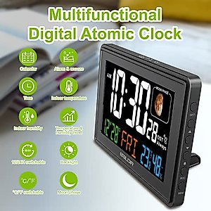 BALDR Atomic Alarm Clock - Large Color Display Digital Desk Clock - With Indoor Thermometer for Temperature & Humidity - Date & Real-Time Moon Phases - Perfect Office Clock or Nightstand Clock (Black)