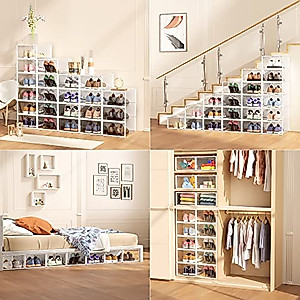 Shoe Storage Boxes Clear Plastic Stackable,12 Pack Modular Shoe Organizer for Closet, Shoe Containers Case Display for Sneaker Storage, White