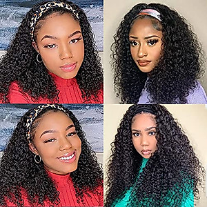 HeadBand Wig Curly Human Hair Wig None Lace Front Wigs for Black Women Deep Wave Machine Made Wigs Natural Color 150% Density 14inch