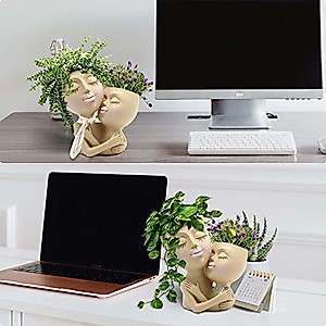 WEWEOW Face Planter Pot - Double Flower Pots in One for Indoor Outdoor Plants Resin Head Planter with Drainage Hole Cute Lady Face Plant Pots, DIY Gifts for Family and Friends