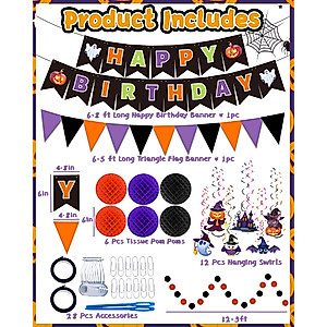 Happy Birthday Banner Halloween Birthday Party Decorations, Paper Pom Poms Triangle Flag Halloween Sign Hanging Garland Swirls Halloween Streamers for Birthday Party Supplies