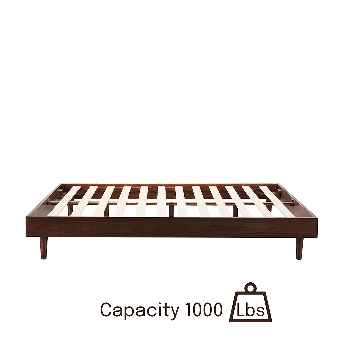 NTC Fly Wooden Bed Frame Without Headboard, Crafted from Walnut, Rubber Wood with Silent Slats and Wood Central Supports, 1000 Lb Capacity, Effortless Assembly, Queen - Dark Walnut