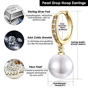 CERSLIMO Gold Pearl Earrings for Women | S925 Sterling Silver Post Simulated Shell Pearl Hoop Dangle Drop Earrings, Hypoallergenic Cubic Zirconia Huggies Earrings Bridesmaid Jewelry