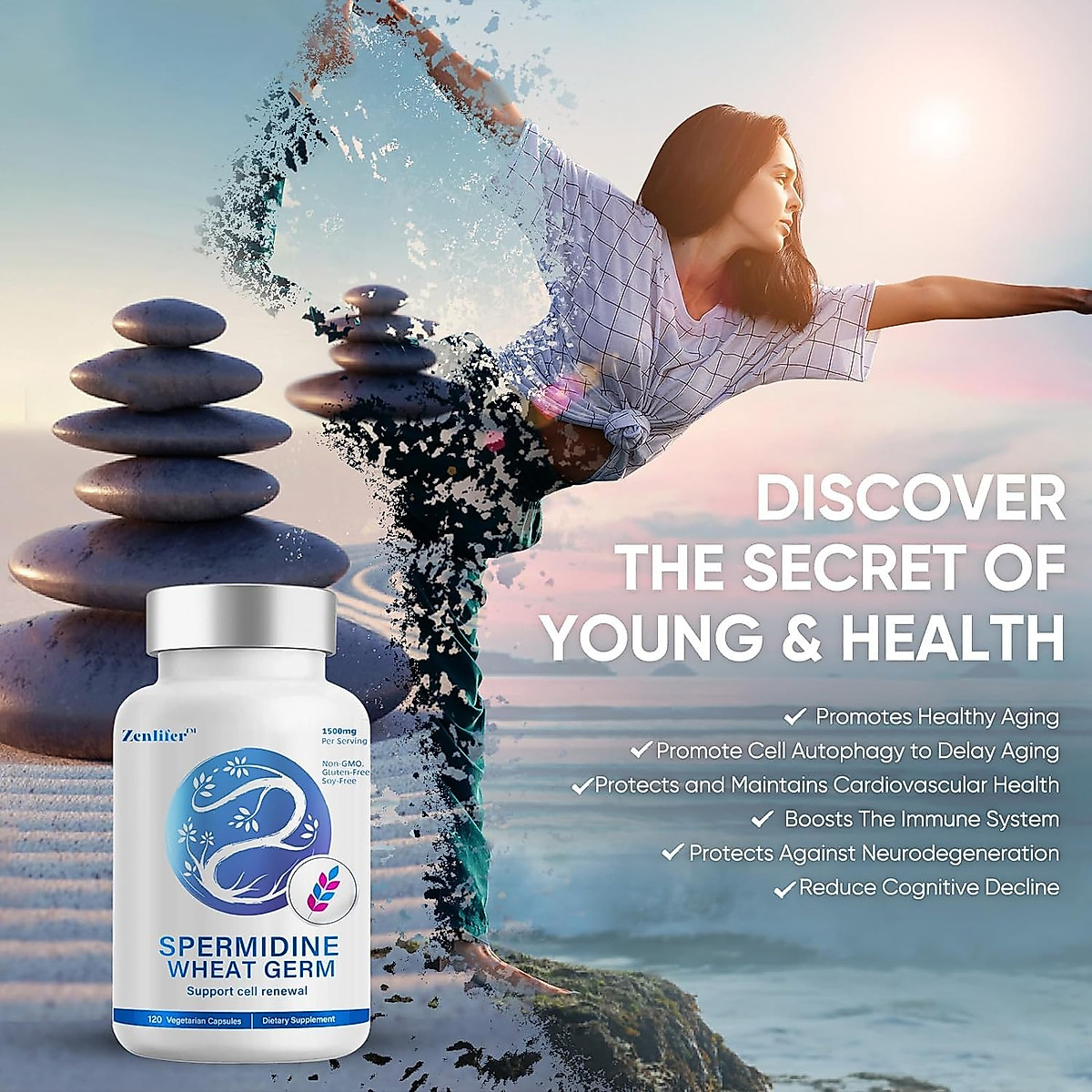 Zenlifer 120 Capsules Spermidine Wheat Germ 1500mg, Spermidine Supplements Wheat Germ Extract with Zinc for Antioxidant and Healthy Aging, Cell Renewal and Immune