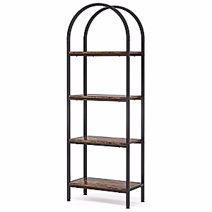 LITTLE TREE 4-Tier Arched Bookshelf, Tall Open Bookcase Storage Shelves, Wood Metal Freestanding Display Rack Tall Shelving Unit for Home Office, Bedroom, Living Room, Rustic Brown