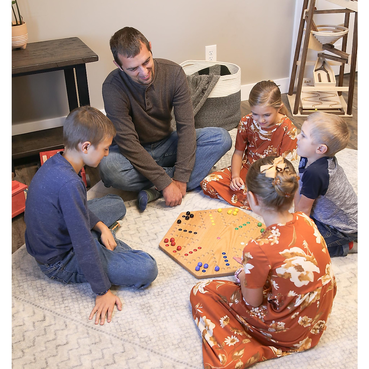 AmishToyBox.com Wahoo Marble Game Board Set - 16" Wide - Solid Oak Wood - Double-Sided - with 16mm Marbles and Dice Included