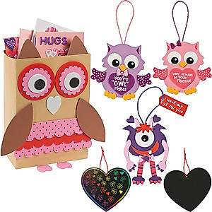 Valentines Craft for Kids (Makes 6) Owl Valentine Card Box Holder, Monster Ornament, Owl Ornament, Heart Magic Scratch - DIY Valentines Day Craft for Kids Mailbox Classroom Exchange by 4E's Novelty