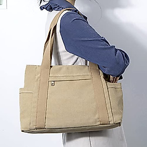 AONIJIE Women's Canvas Tote Shoulder Bag With Multi Pocket, Vintage Medium Work Handbag Lightweight Top Handle Purse with Zipper Fit 13.3 Inch Lapto, Khaki