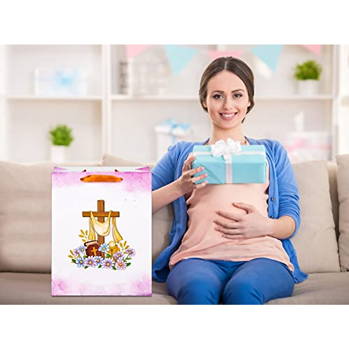 SICOHOME Easter Gift Bag with Handle 13" Religious Gift Bag with Tissue Paper and Greeting Card Baptism Gifts Bag Gift Wrapping Bags for Party Favor Bags for Easter Christenings Baptism First Communions Confirmations or Religious Party